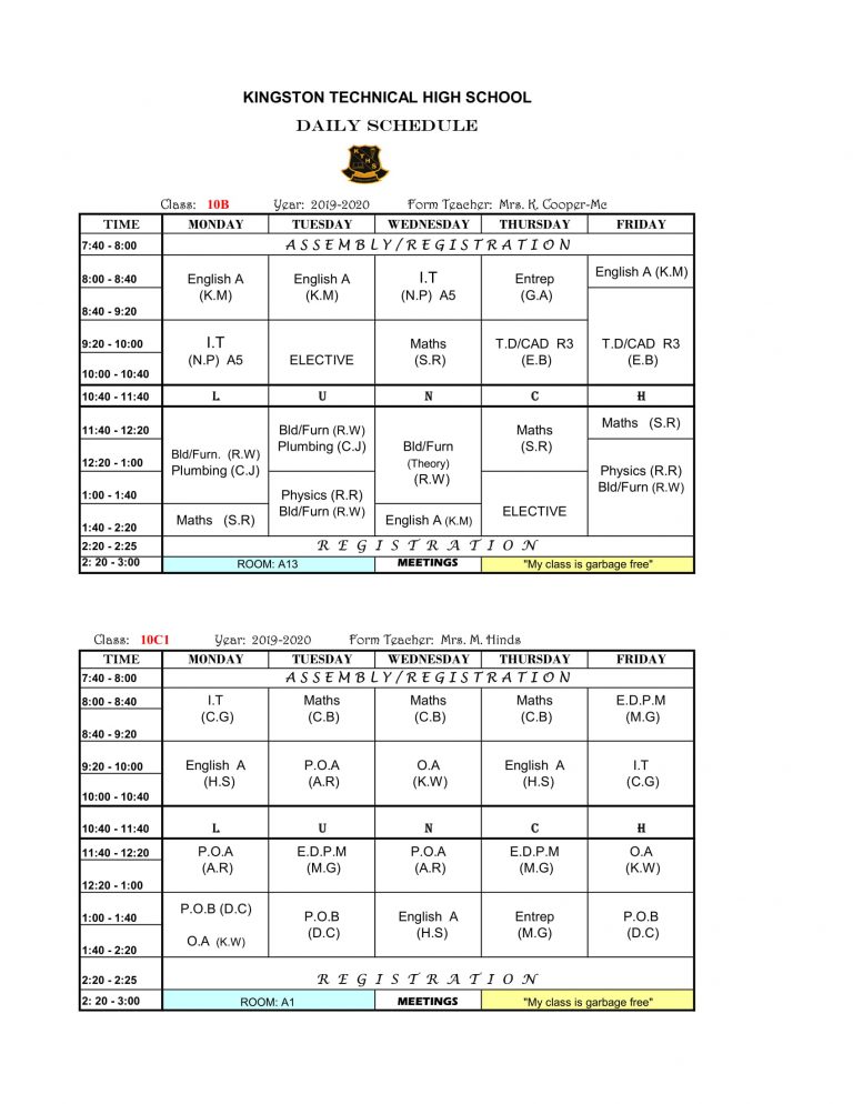 Grade 10 Schedule – Kingston Technical High School