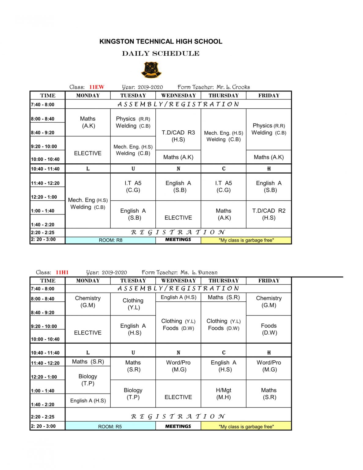 Grade 11 Schedule – Kingston Technical High School