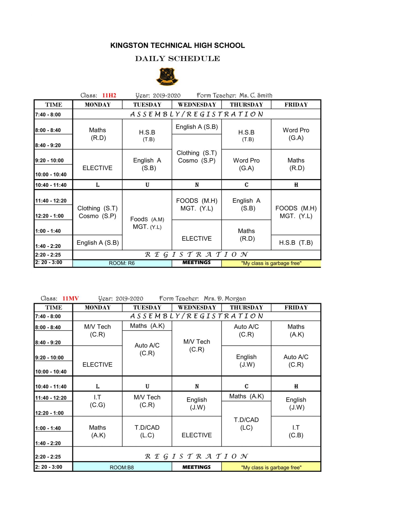 Grade 11 Schedule – Kingston Technical High School