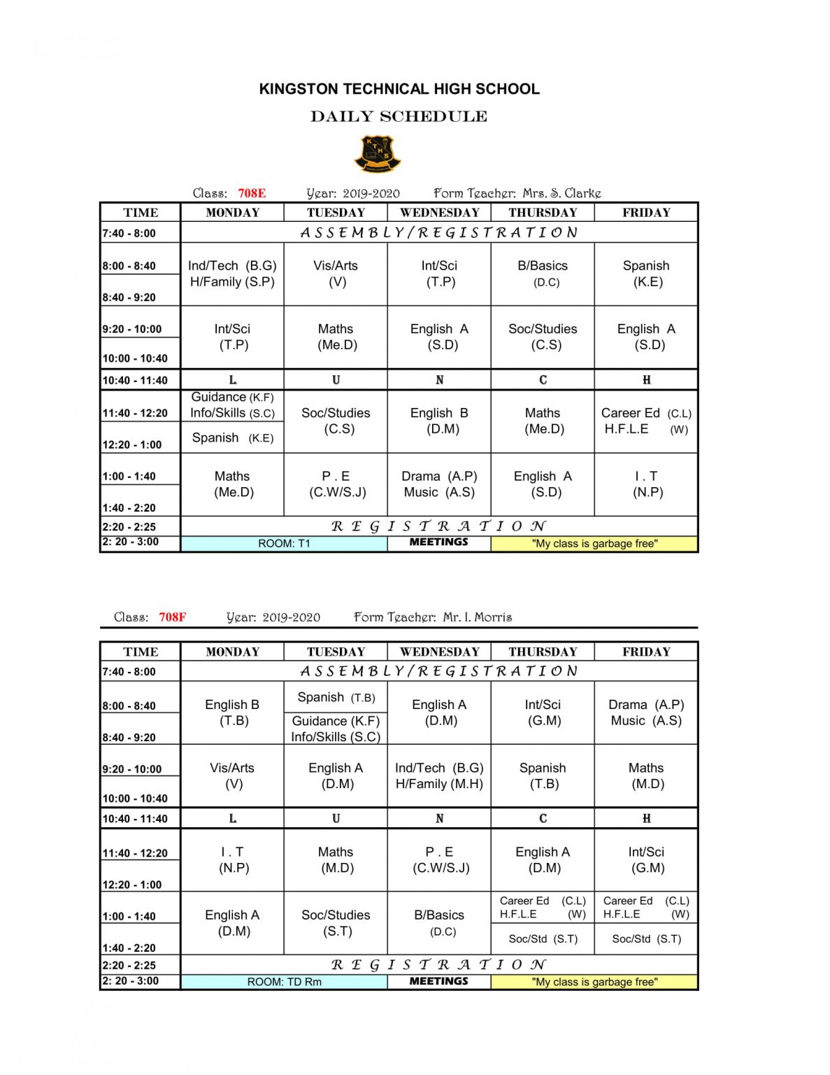 Grade 7 Schedule – Kingston Technical High School
