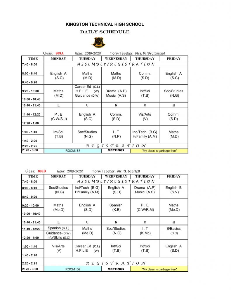 Grade 8 Schedule – Kingston Technical High School