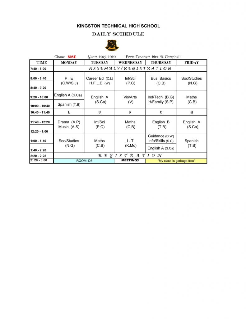 Grade 8 Schedule – Kingston Technical High School